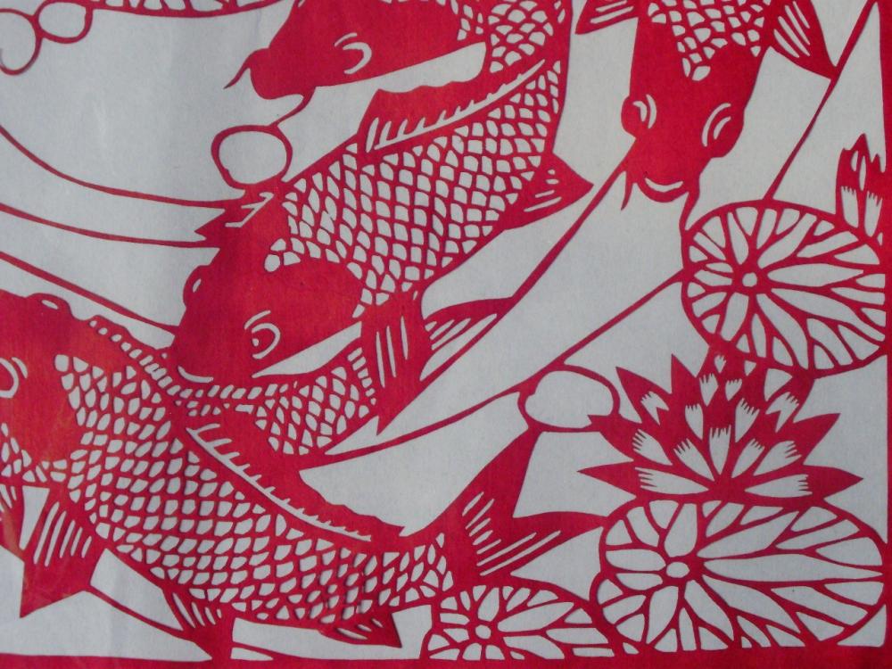 Handmade Papercut In Red - 8 Koi Japanese Fishes In Lotus Lake - Year ...