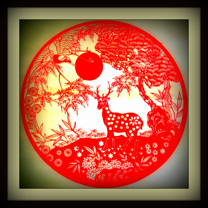 Handmade Papercut -crane And Deer With Pine Tree - In Red Color on Luulla