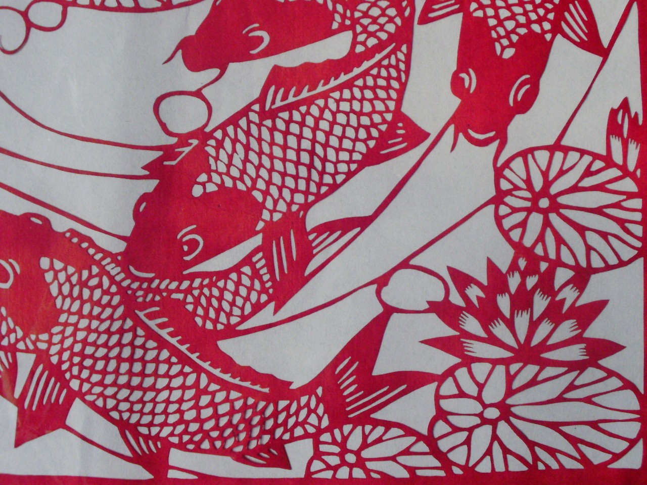 Handmade Papercut In Red - 8 Koi Japanese Fishes In Lotus Lake - Year ...