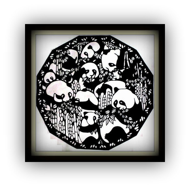 - Handmade - Handcut Papercut - Pandas In Bamboos - Black Silhouette on ...